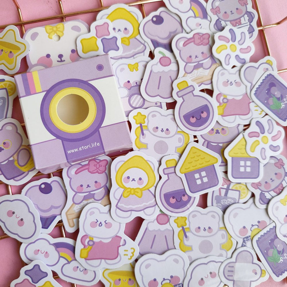 Cajita De Stickers Osito Morado X40 Unidades – Papelería Mundo Kawaii